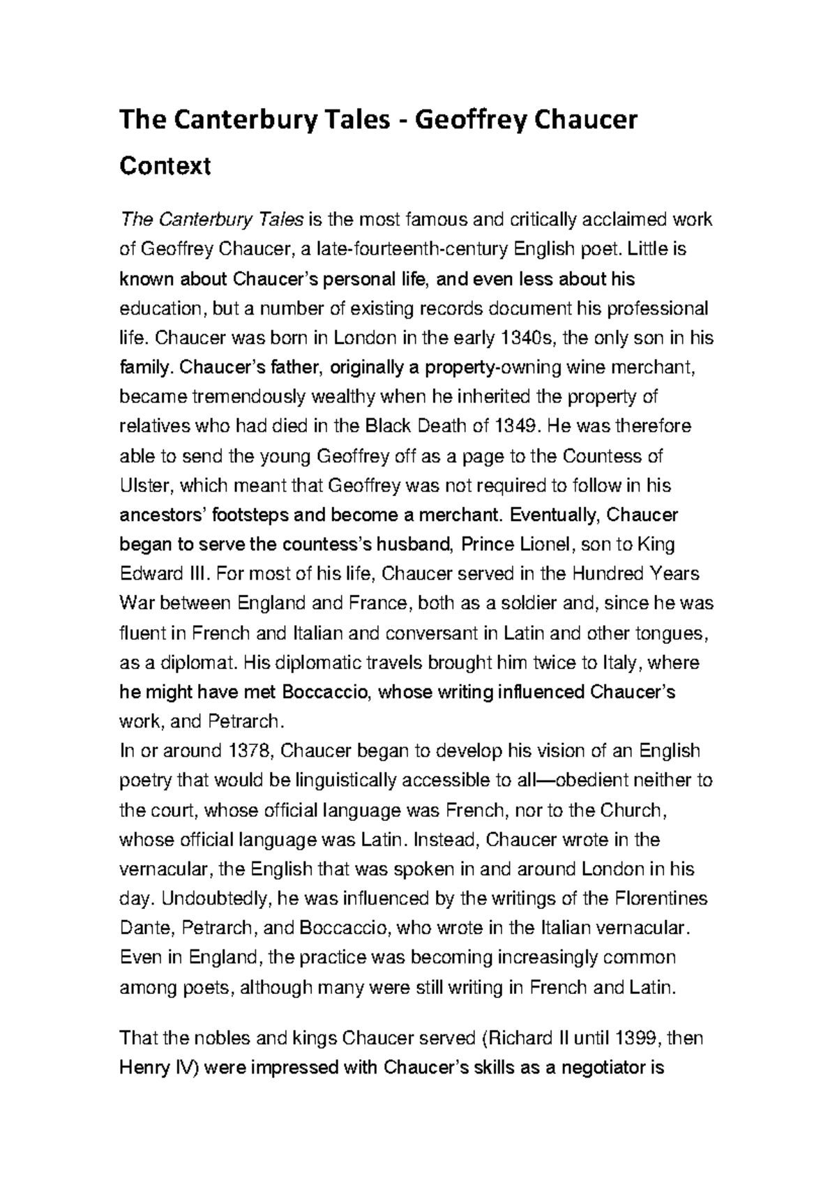 The Canterbury Tales - Context - The Canterbury Tales - Geoffrey ...