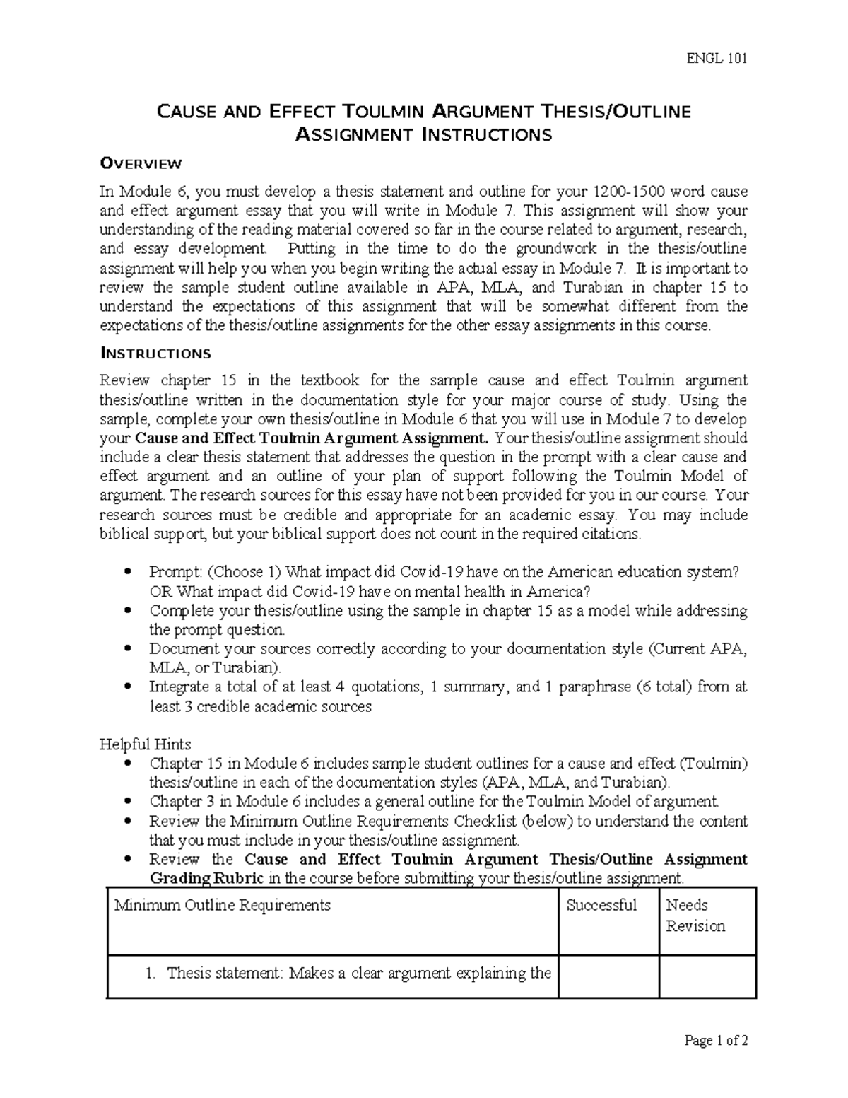 Cause and Effect Toulmin Argument Thesis Outline Assignment ...