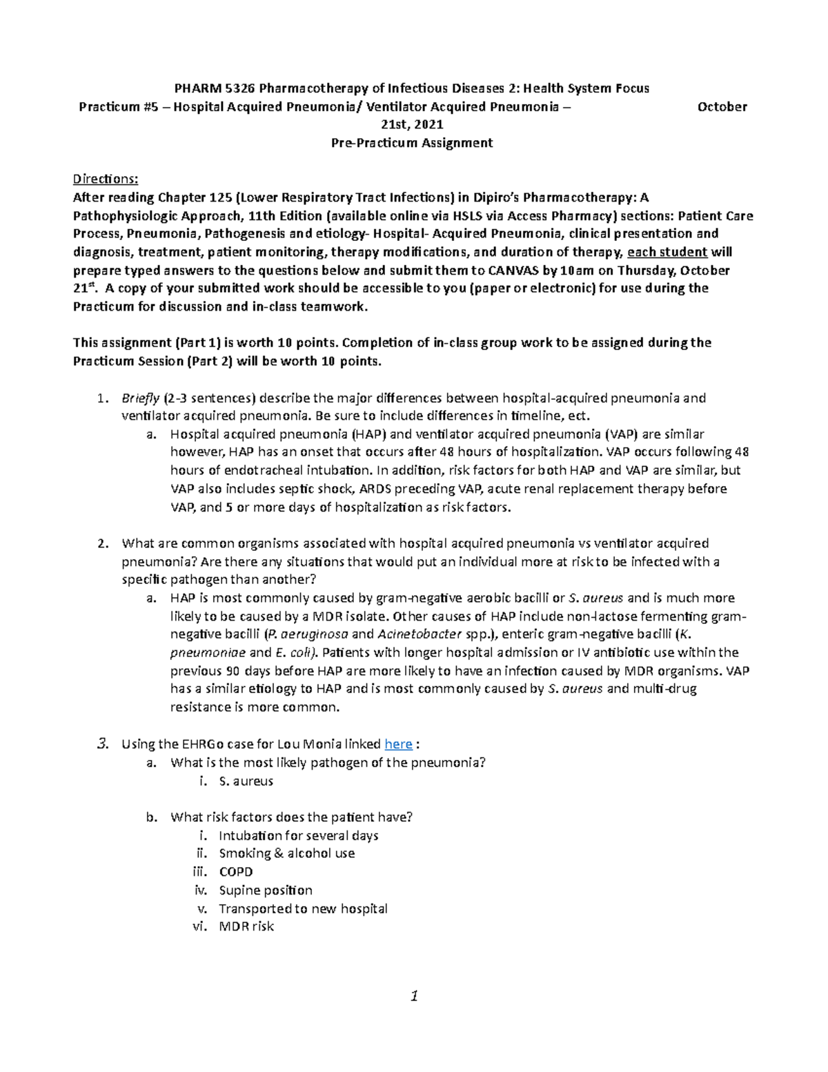 HAP:VAP pre-practicum - PHARM 5326 Pharmacotherapy of Infectious ...