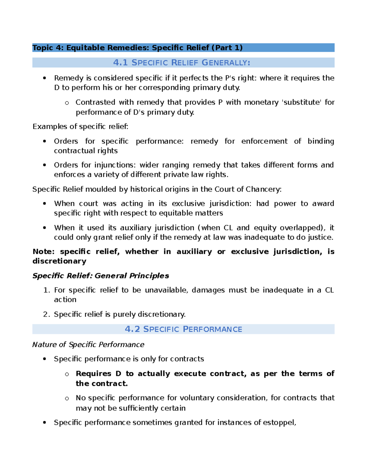 Topic 4 Specific Relief Part 1 Editted - Topic 4: Equitable Remedies ...