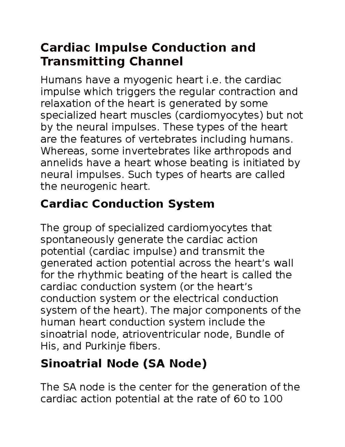 Bio 5 - notes - Cardiac Impulse Conduction and Transmitting Channel ...