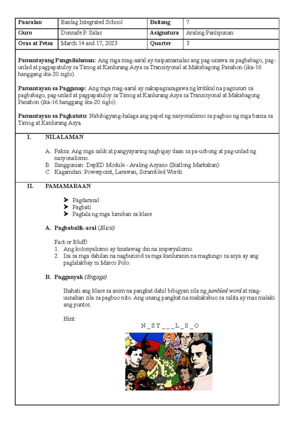 AP7 LP2 nasyonalismo - Paaralan Banlag Integrated School Baitang 7 Guro ...