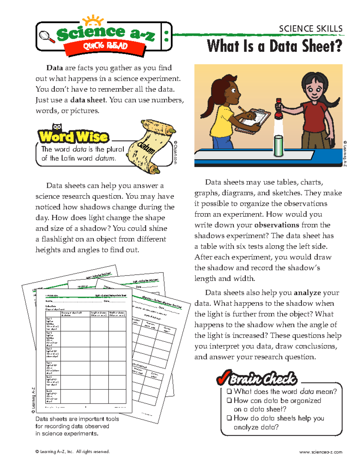 Data Sheets - Yes - SCIENCE SKILLS What Is a Data Sheet? © Learning A–Z ...
