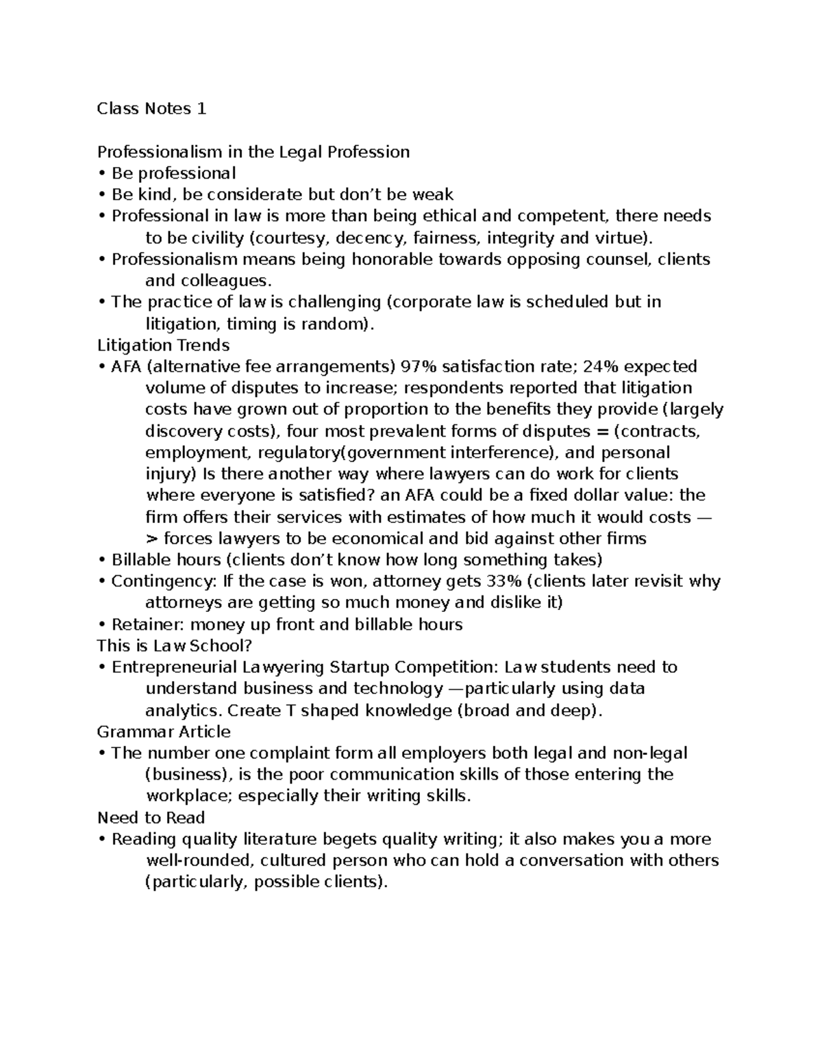 Class Notes 1 - Professionalism in the Legal Profession: Requirements ...