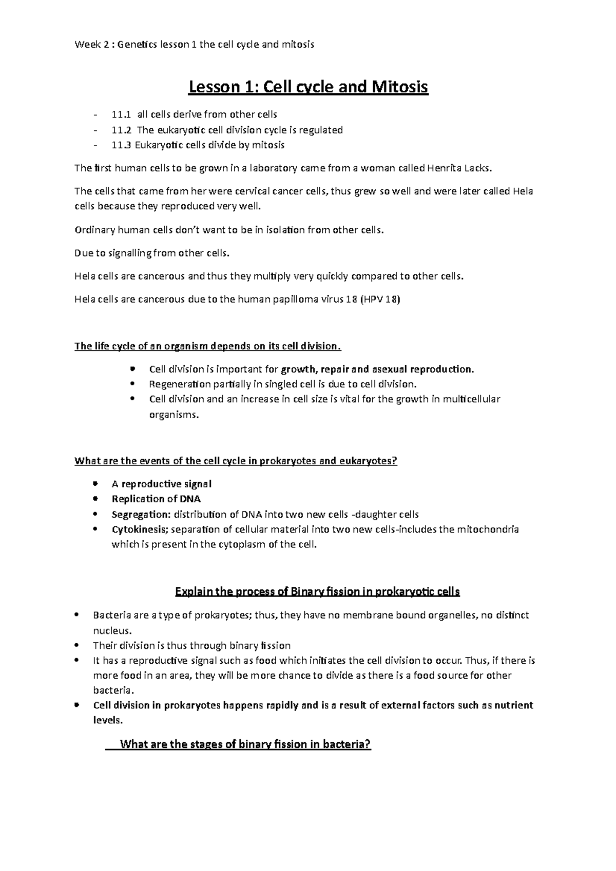 Week 2 Lesson 1-cell cycle and mitosis - Week 2 : Genetics lesson 1 the ...