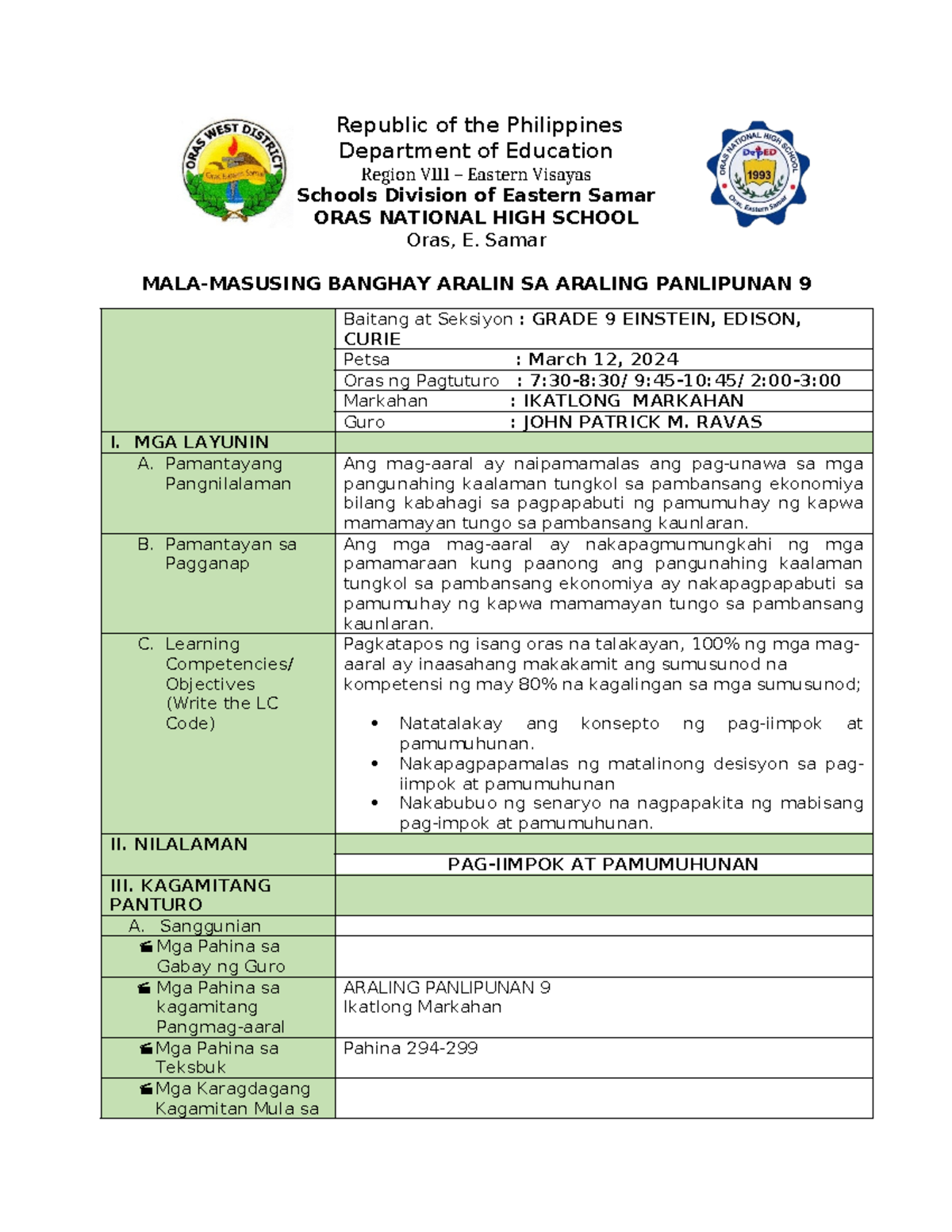 Twelfth Lesson PLAN - Republic of the Philippines Department of ...