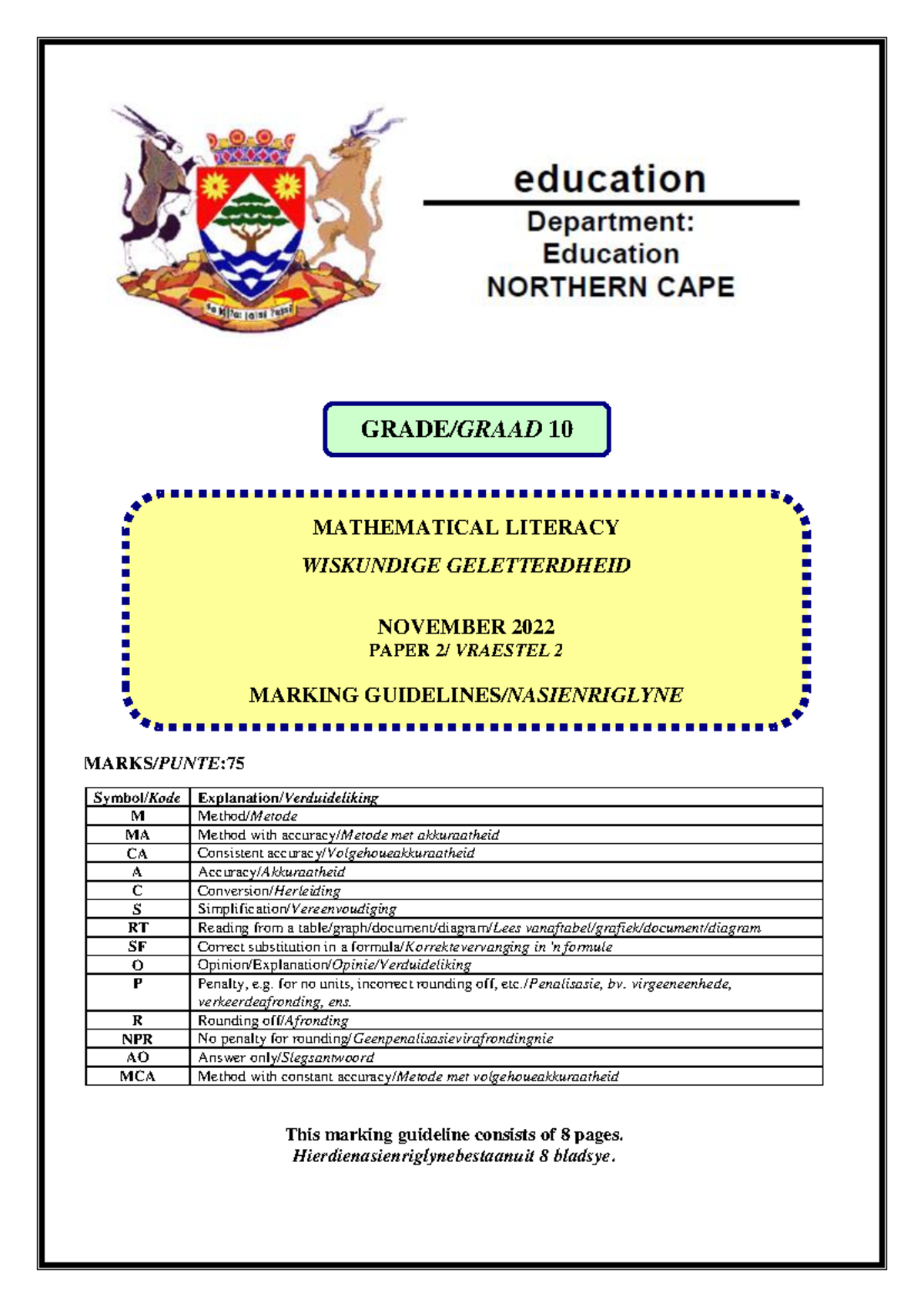 2022 10 14 MLIT P2 MG Grade 10 Final - MARKS/PUNTE: Symbol/Kode ...