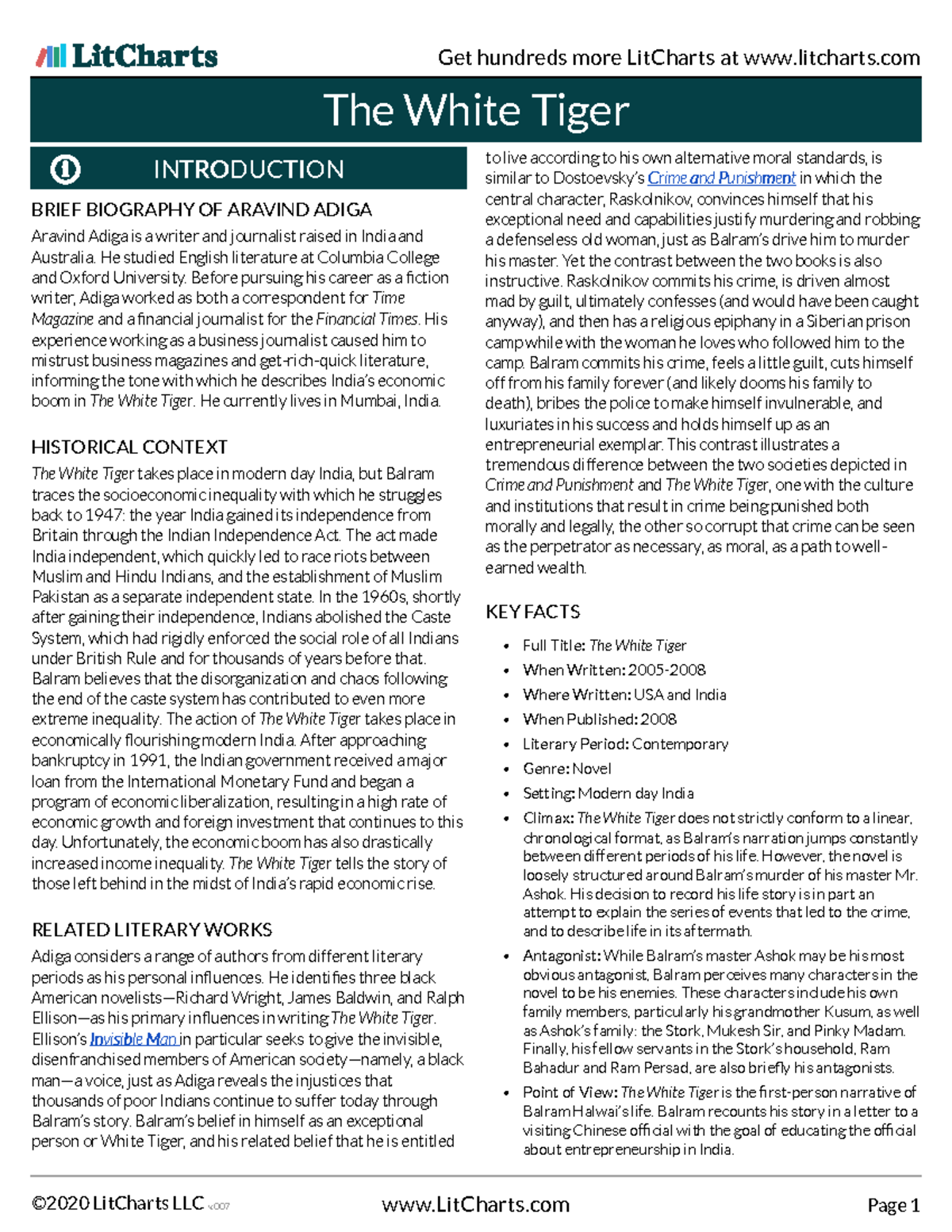 The White Tiger Lit Chart - The White Tiger BRIEF BIOGRAPHY OF ARAVIND ...