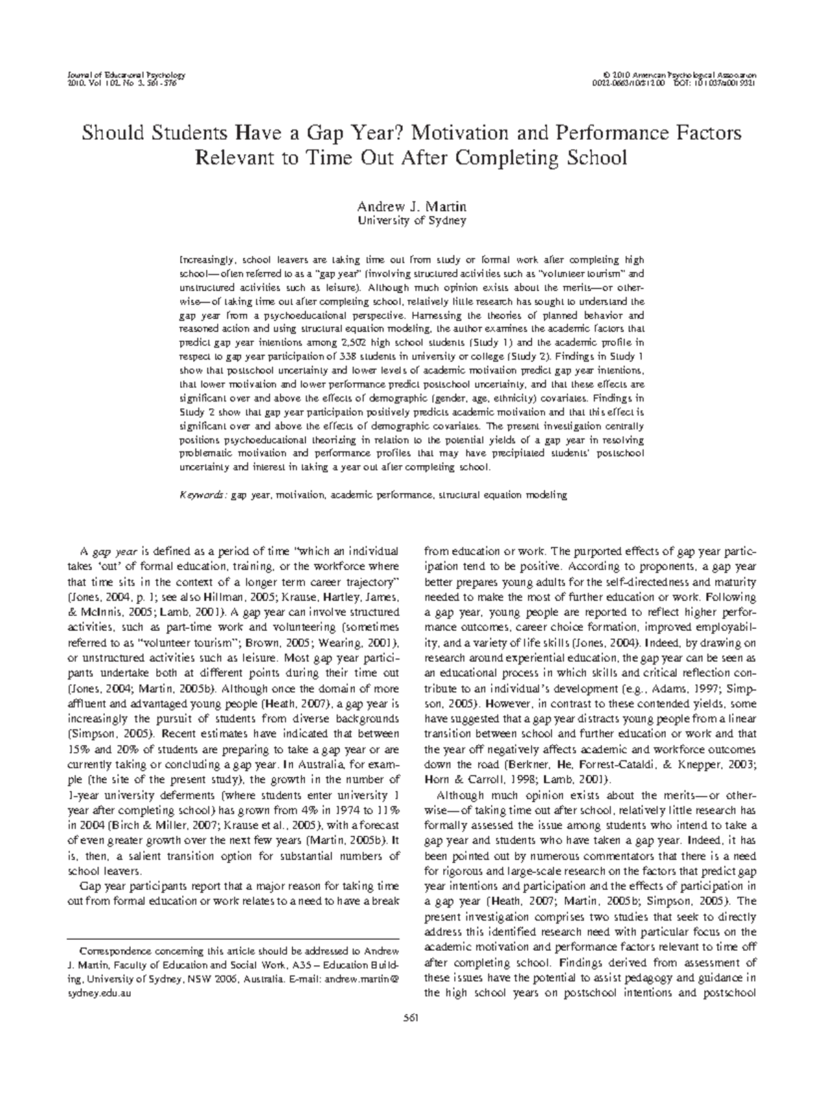 Martin Gap Year JEP 2010 - Should Students Have a Gap Year? Motivation ...