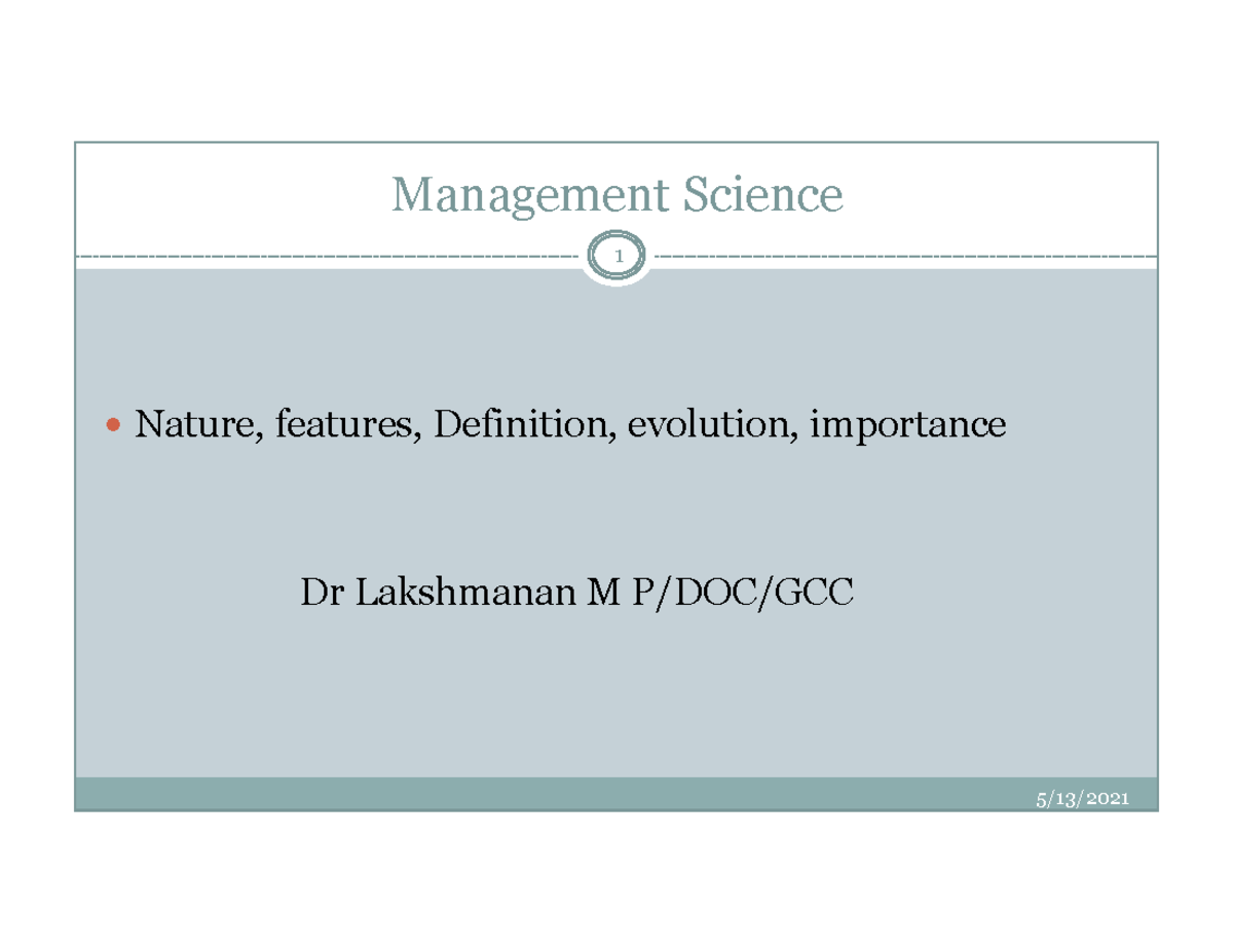 Management Science - Lecture notes 1 MEANING AND FEATURES - Management ...