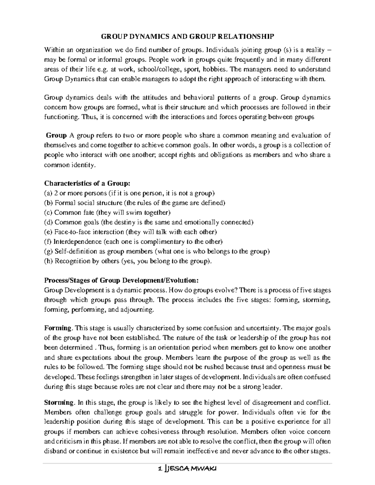 Group Dynamics - Lecturer notes - GROUP DYNAMICS AND GROUP RELATIONSHIP ...