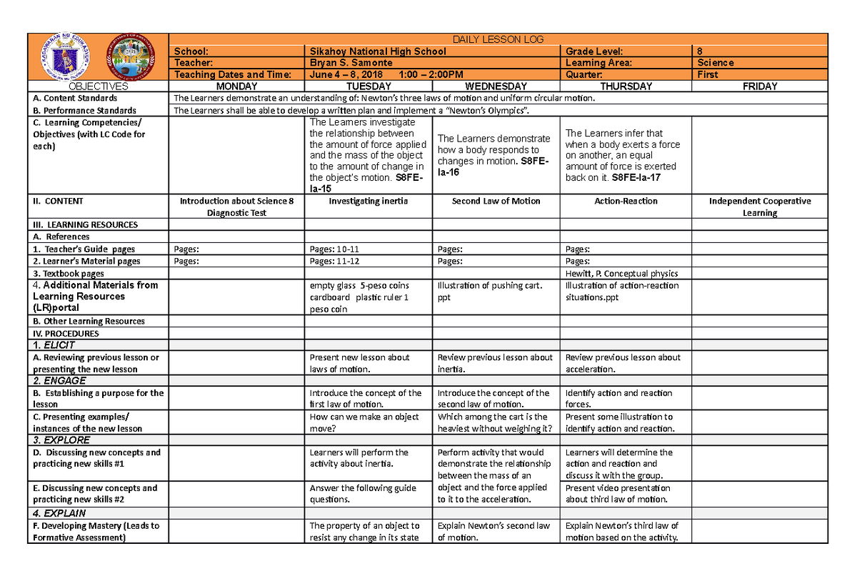 Enhanced DLL Science G8 1st Quarter W1-2 - DAILY LESSON LOG School ...