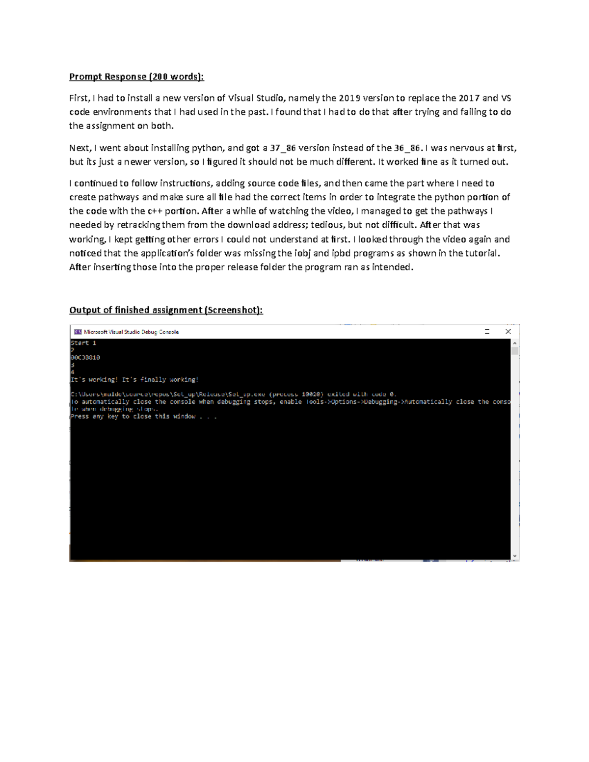 Set Up Response - Prompt Response (200 words): First, I had to install ...