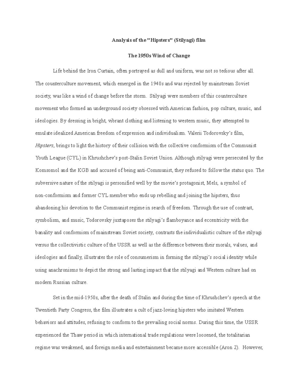 Analytical Essay on Hipsters Stilyagi Film - Analysis of the "Hipsters ...