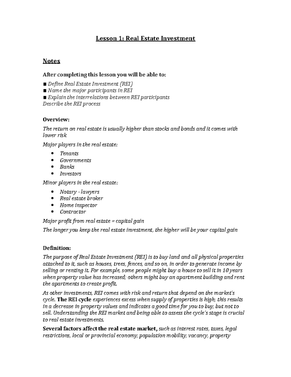 Lesson 1 Notes - Lesson 1: Real Estate Investment Notes After ...