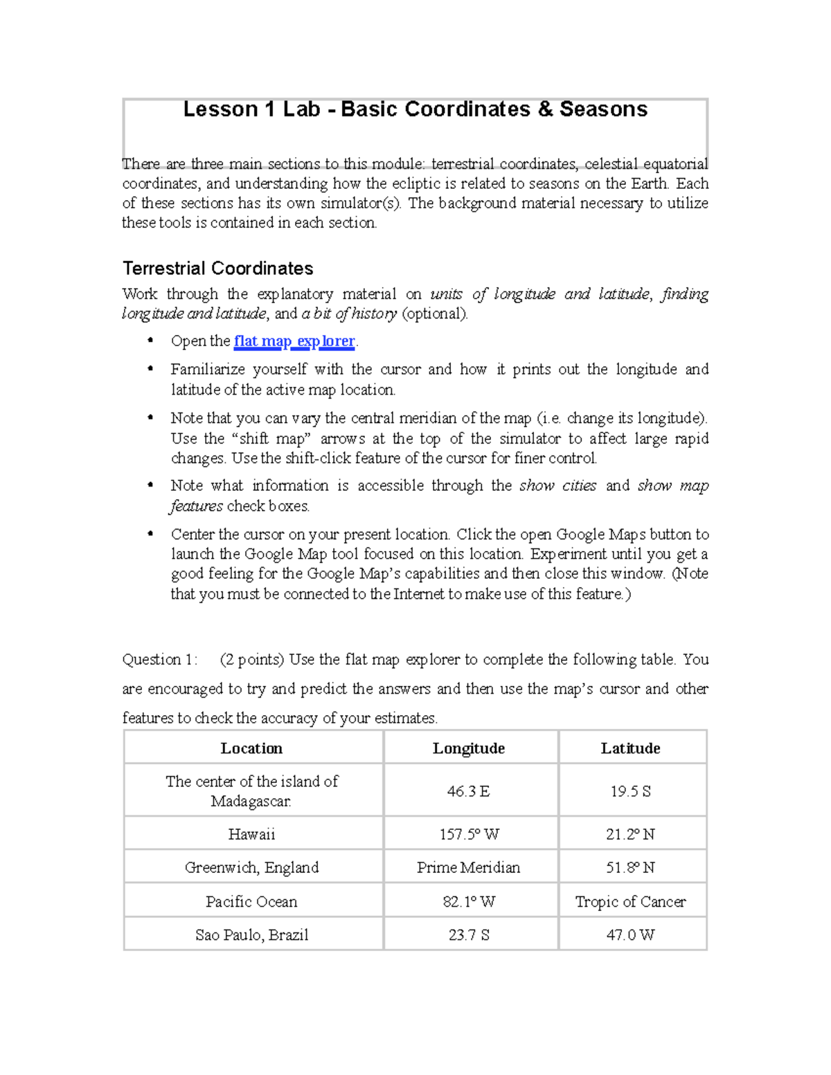 Hydrogen Lab 1 from NAAP Labs - Lesson 1 Lab Basic Coordinates Seasons ...