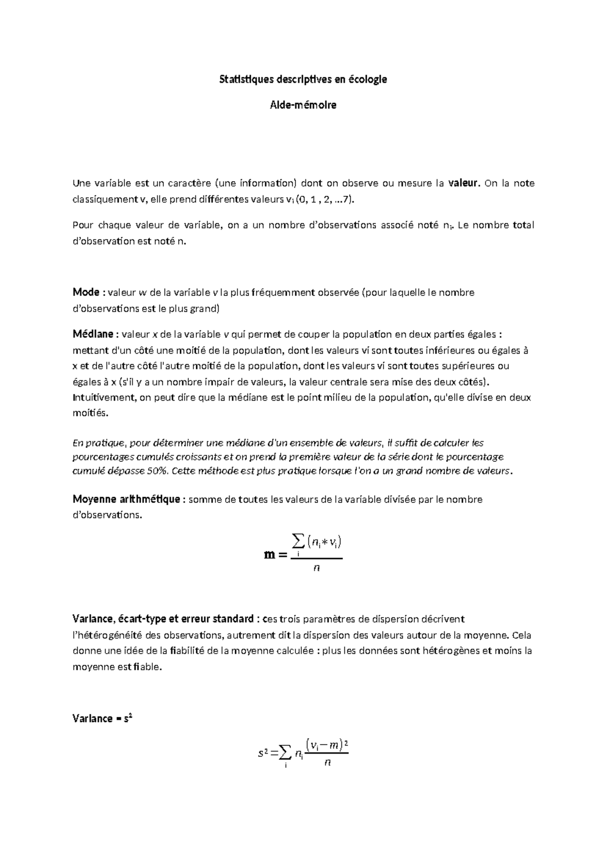 Aide Memoire Ecologie Stats - Statistiques descriptives en écologie Aide-mémoire Une variable ...