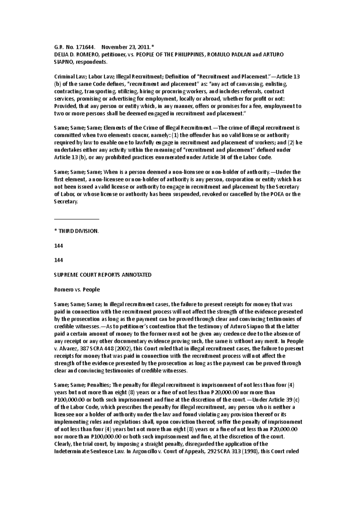 Romero vs. People - Labor Law - G. No. 171644. November 23, 2011 ...
