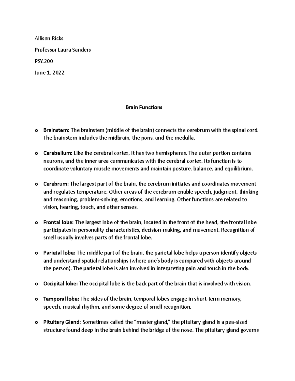 Brain labeling and functions - Allison Ricks Professor Laura Sanders ...