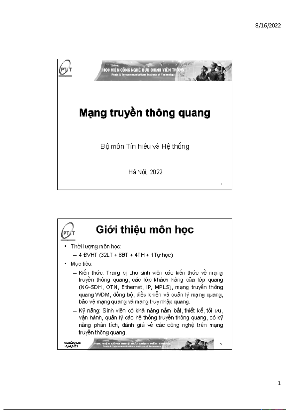 Slide C1-Mạng truyền thông quang 2022 THHT - 8/16/20 22 Bộ môn Tín hiệu ...