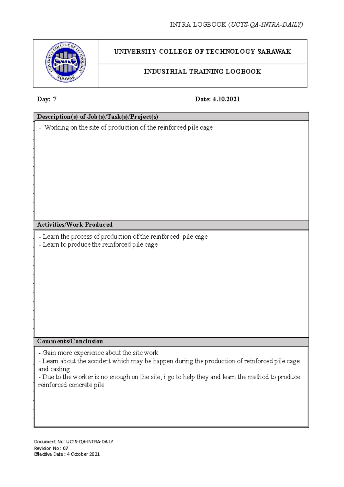 UCTS Student Logbook week 2 day 1 - INTRA LOGBOOK ( UCTS-QA-INTRA-DAILY ...