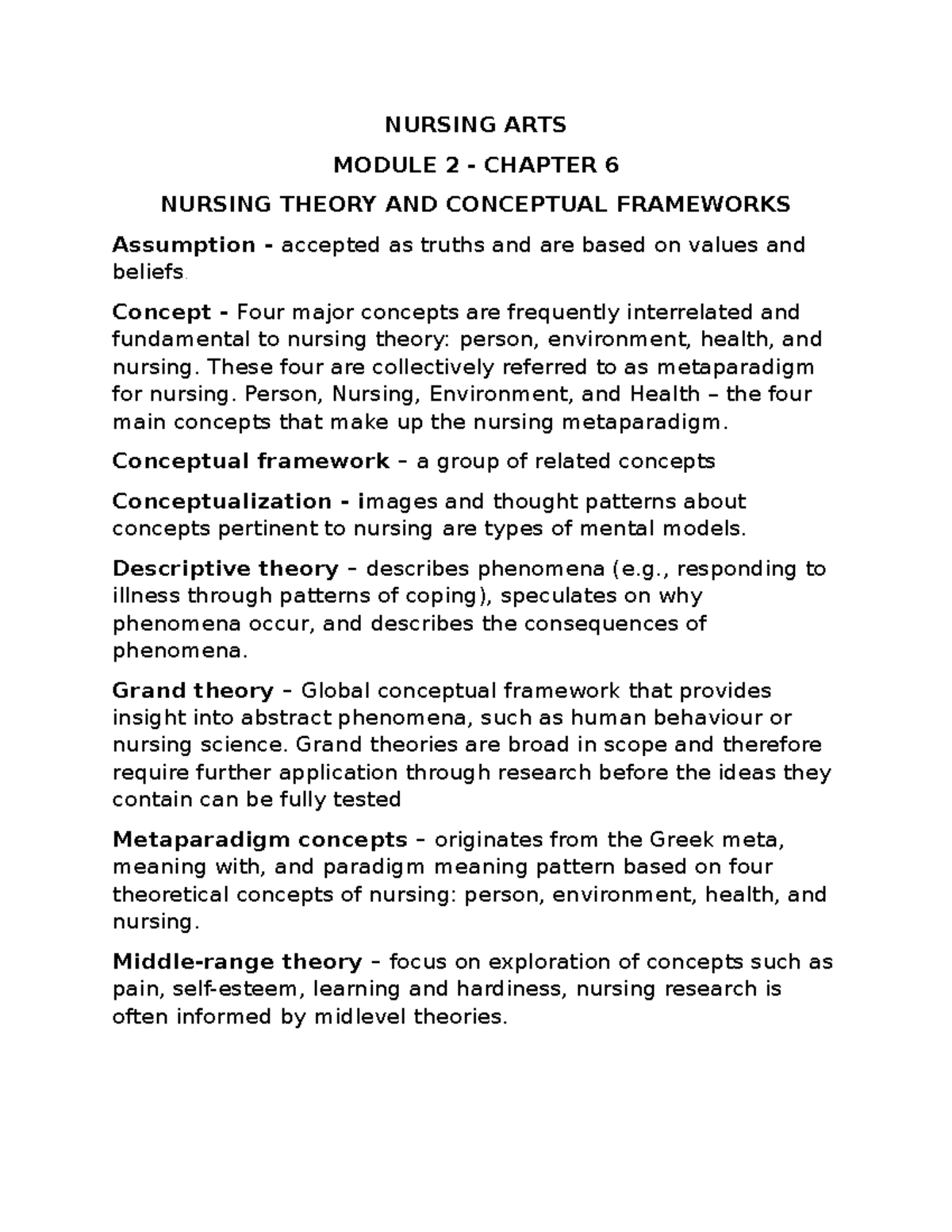 Nursing ARTS - Module 2 - ch 6 - nursing theory and conceptual ...