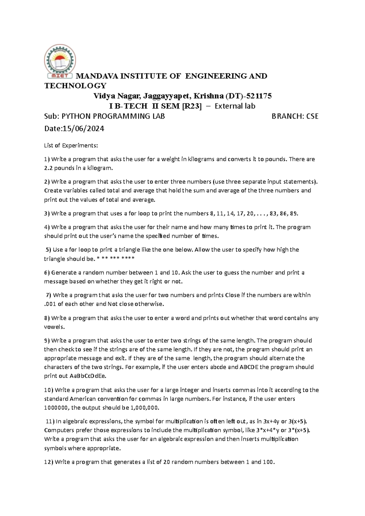 1-2 Python Programming LAB - MANDAVA INSTITUTE OF ENGINEERING AND TECHNOLOGY Vidya Nagar, - Studocu