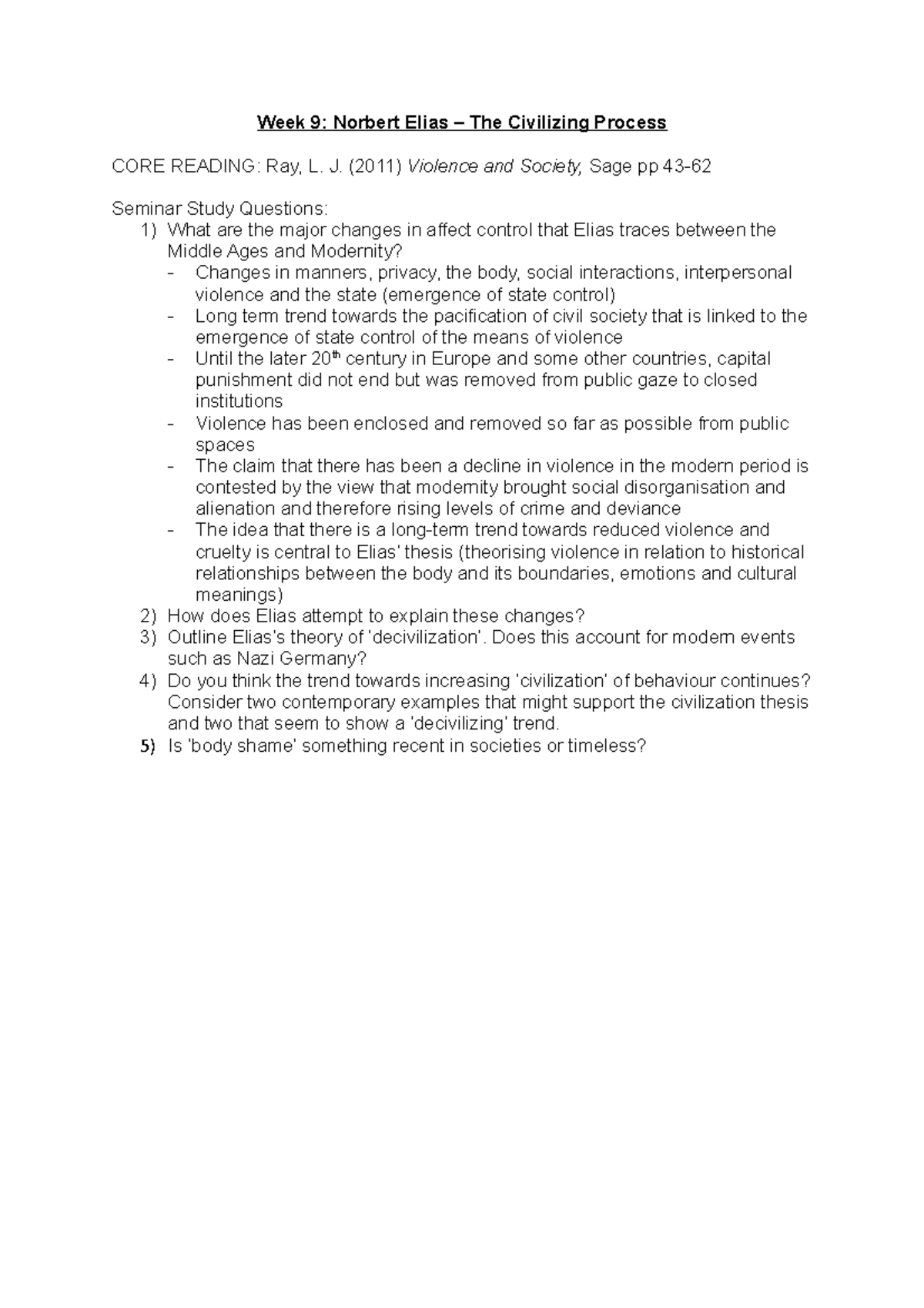 Week 9 - Elias - n/a - Week 9: Norbert Elias – The Civilizing Process ...