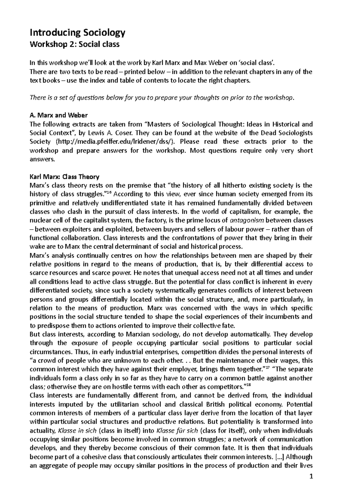 IS W2 Marx Weber social class - Introducing Sociology Workshop 2 ...