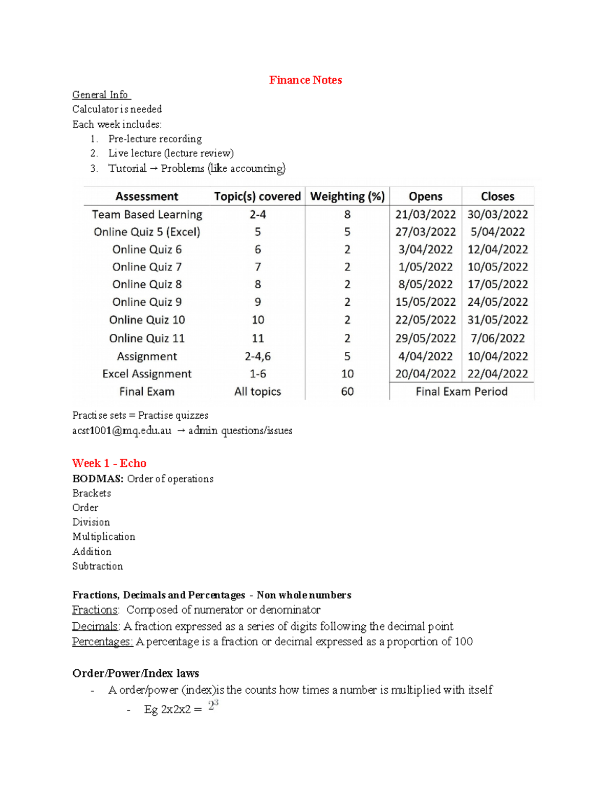 ACST1001 Finance Notes - Finance Notes General Info Calculator is ...
