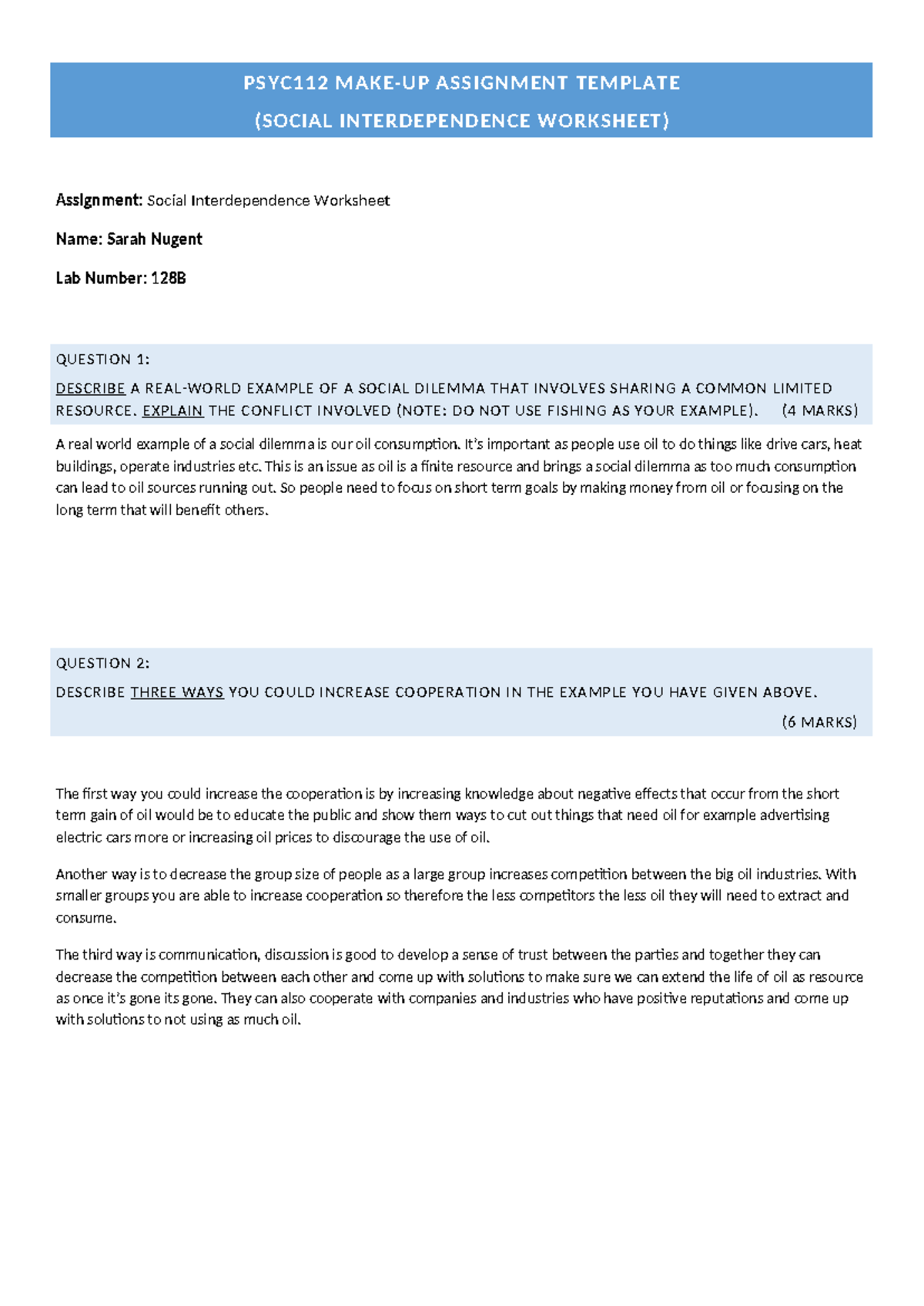 2023 PSYC112 Lab 10 Social Interdependence Worksheet - PSYC112 MAKE-UP ASSIGNMENT TEMPLATE ...