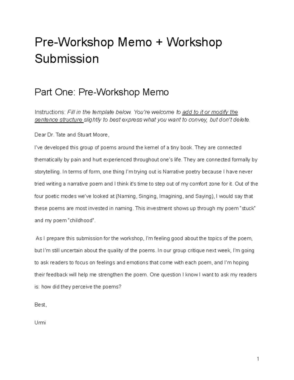 Pre-Workshop Memo and Workshop Submission Template - Pre-Workshop Memo ...