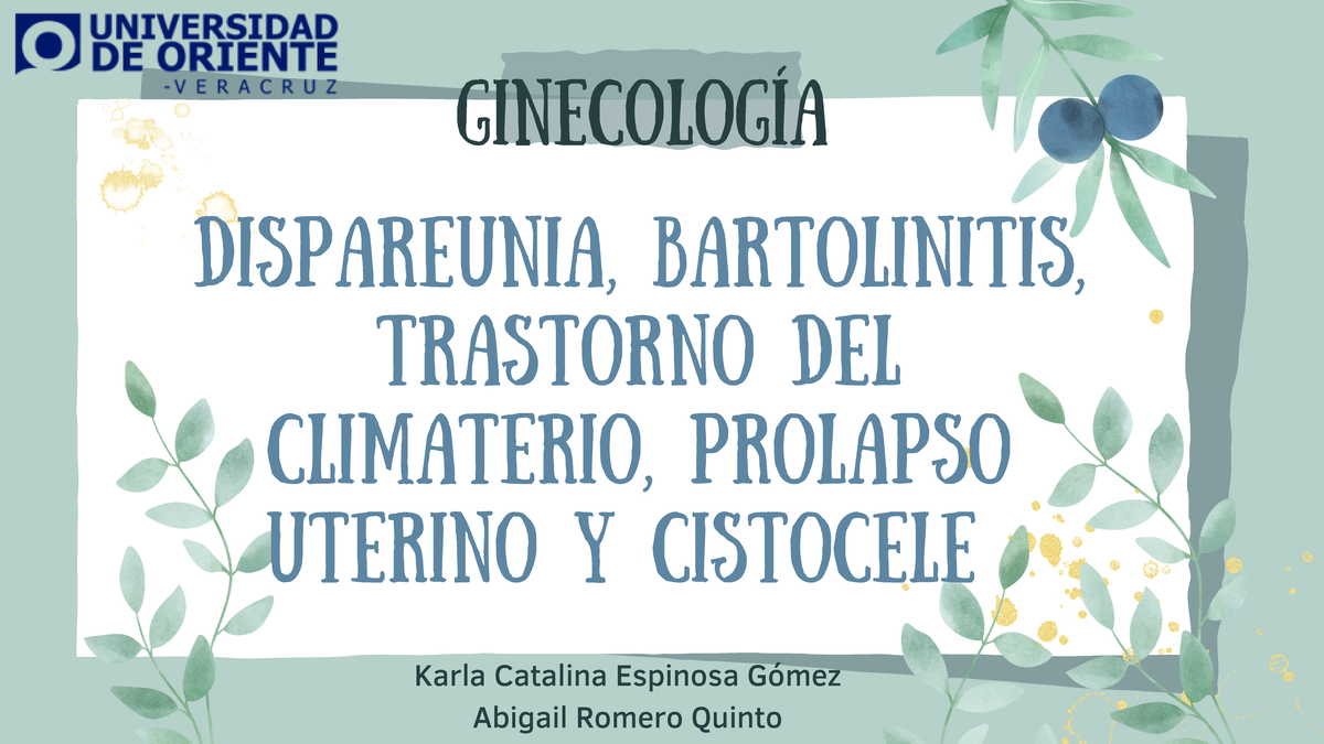 Equipo 4. Dispaurenia, Bartolinitis, Trastorno del Climaterio, Prolapso ...