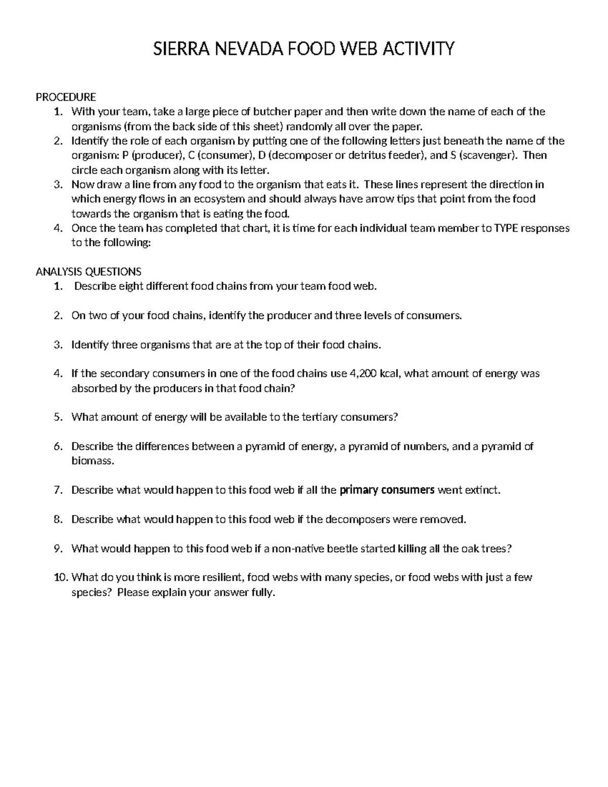 Sierra Nevada food web activity - SIERRA NEVADA FOOD WEB ACTIVITY ...