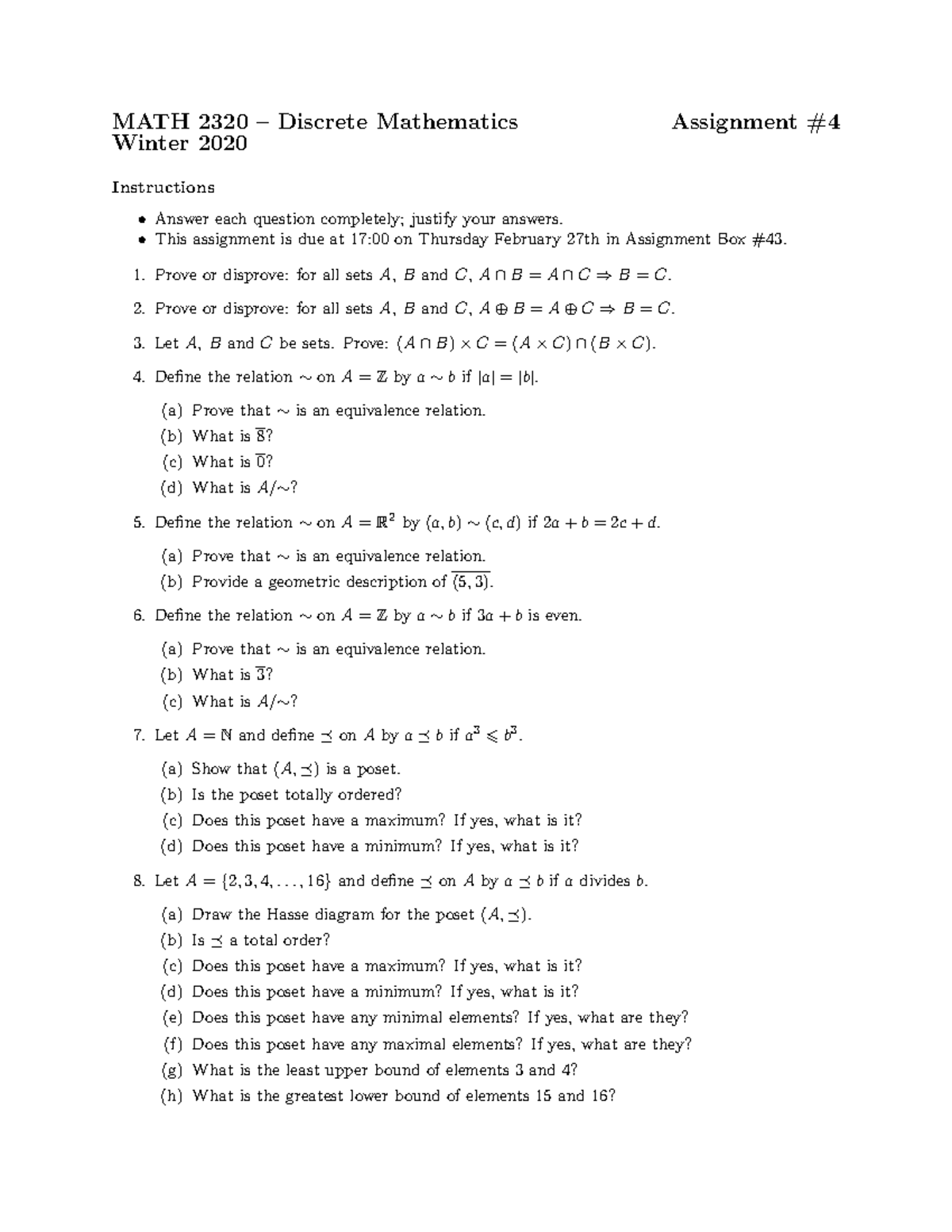 Assn4 - Assignments - MATH 2320 – Discrete Mathematics Assignment Winter 2020 Instructions ...