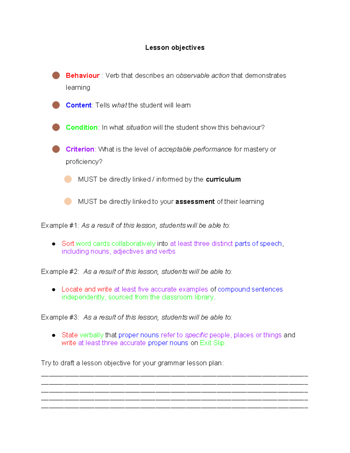 Lesson Objectives - Lesson objectives Behaviour : Verb that describes ...
