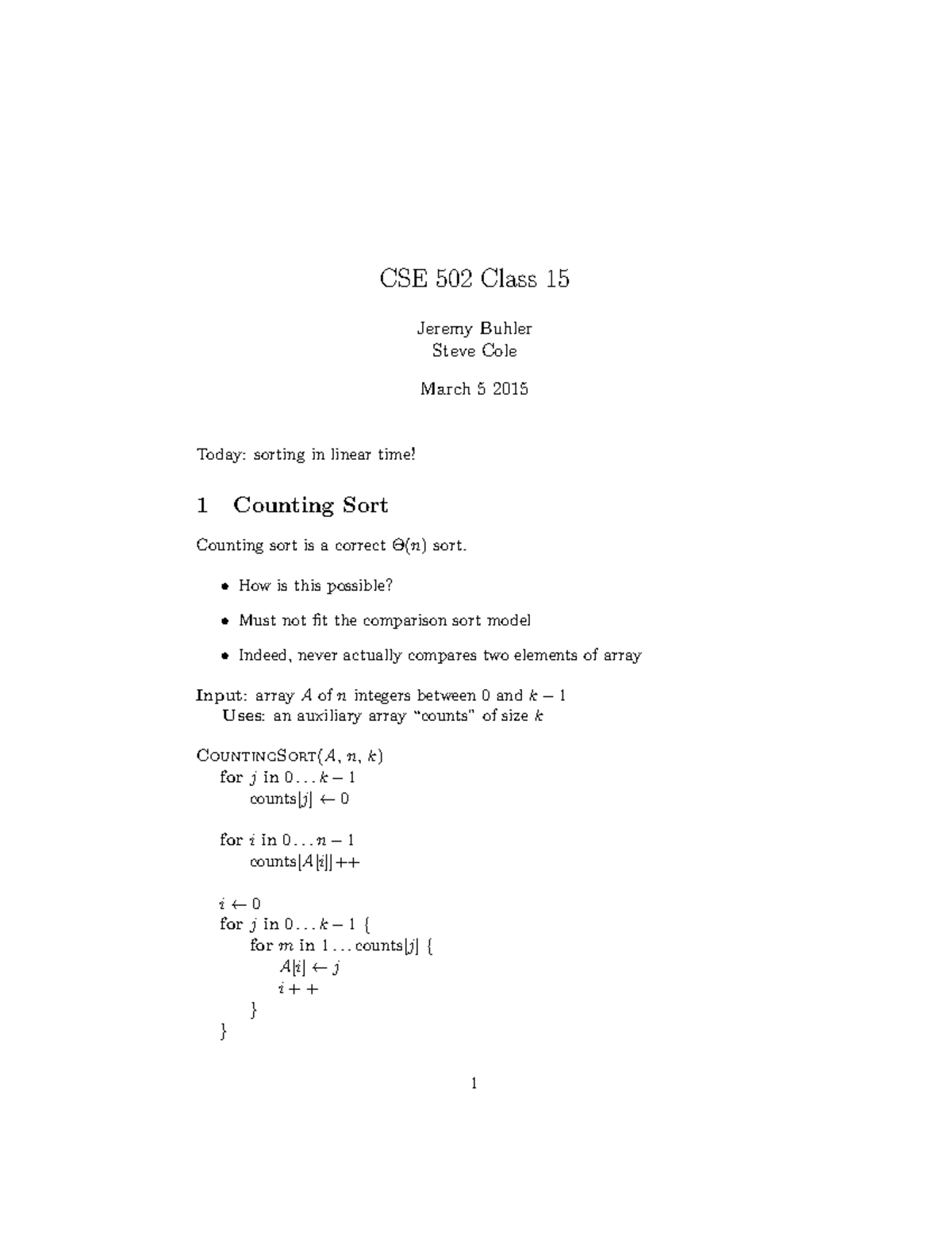 Cse502 2014 2015 Lecture Notes 15 Counting Sort Radix Sort Cse 502 6054