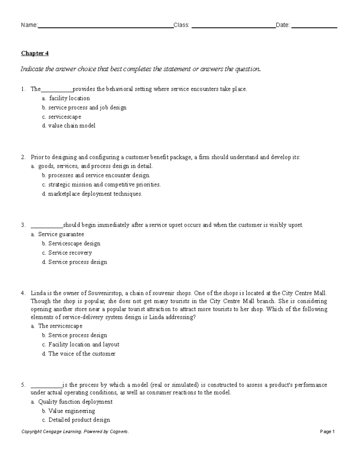 Quiz in OM - Quiz - Chapter 4 Indicate the answer choice that best ...