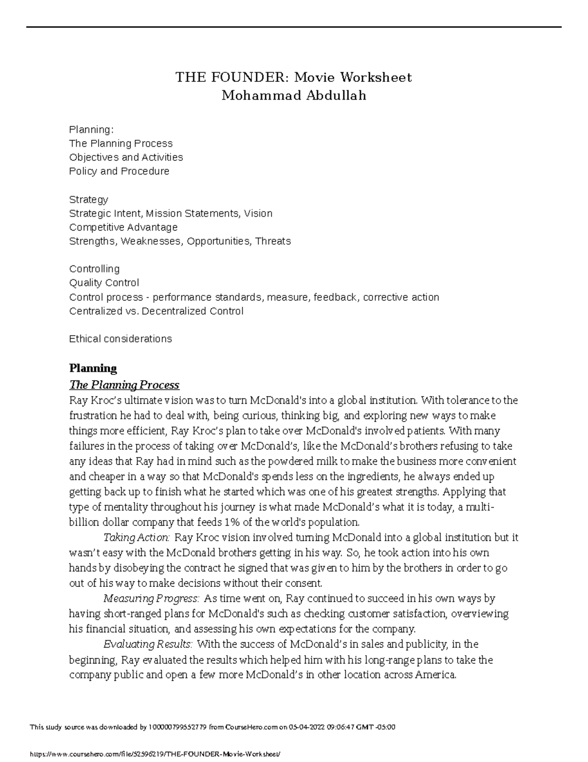 THE Founder Movie Worksheet - THE FOUNDER: Movie Worksheet Mohammad ...