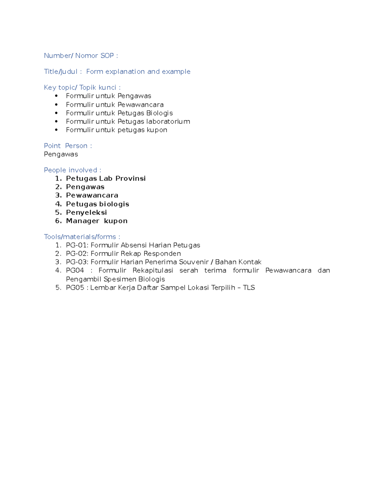 SOP Form explanation and example - Number/ Nomor SOP : Title/Judul : Form explanation and ...