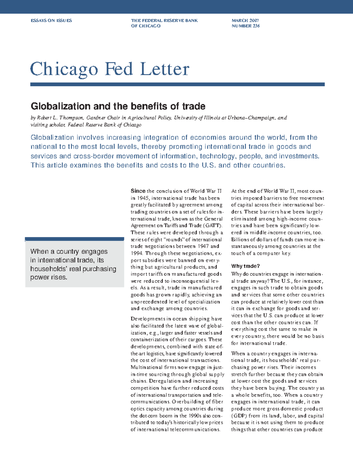 Globalization and the benefits of trade - Chicago Fed Letter ...
