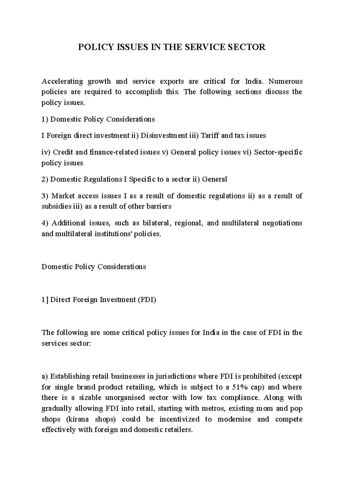 Policy Issues IN THE Service Sector - POLICY ISSUES IN THE SERVICE ...