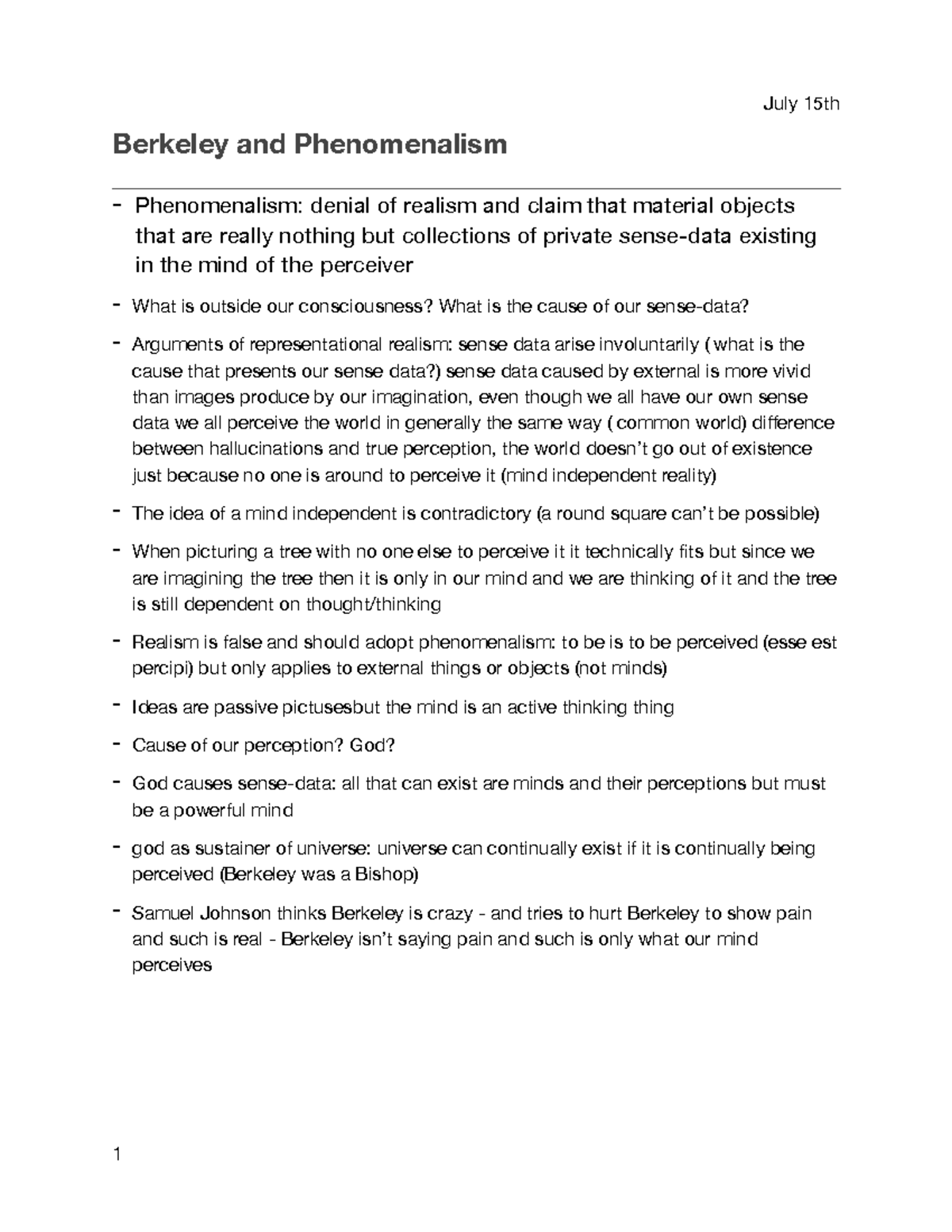 Berkeley and Phenomenalism - July 15th Berkeley and Phenomenalism ...