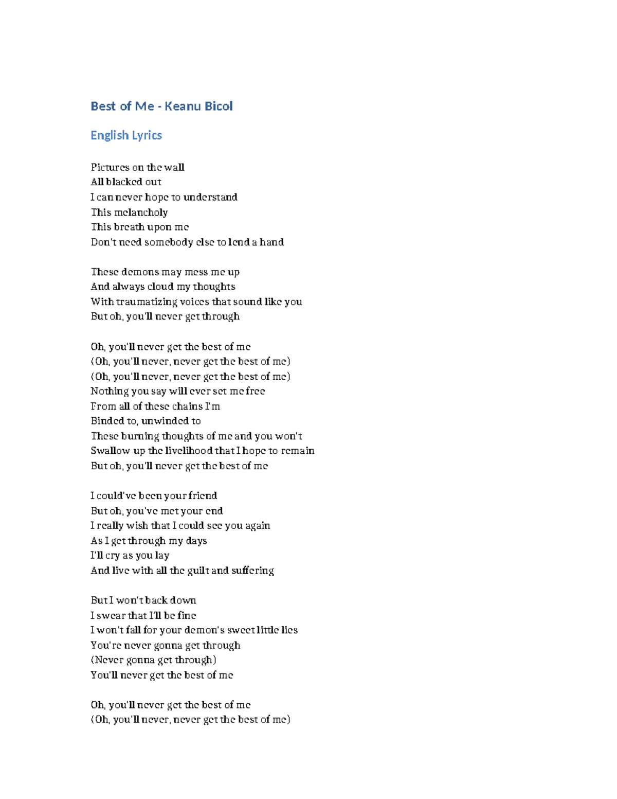 Best of Me Keanu Bicol - Best of Me - Keanu Bicol English Lyrics ...