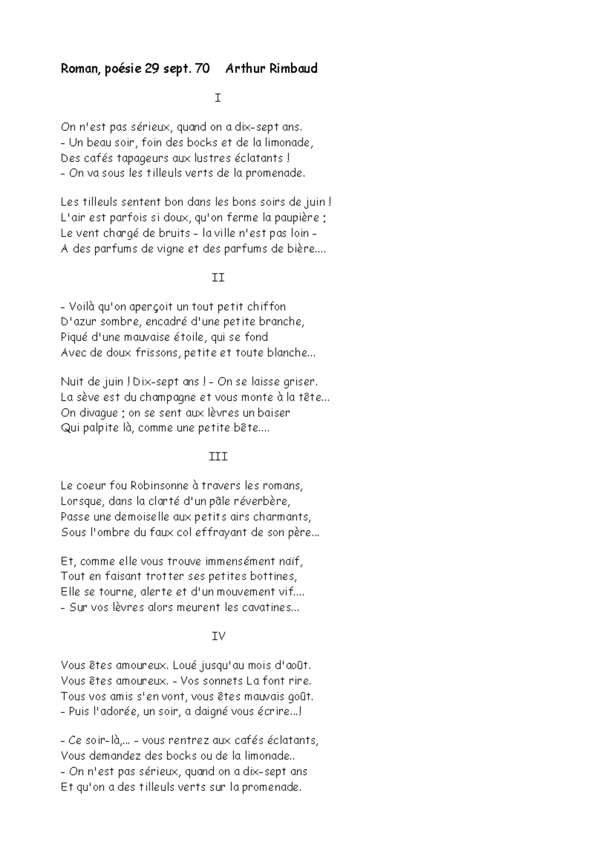 analyse lineaire roman - Roman, poésie 29 sept. 70 Arthur Rimbaud I On ...