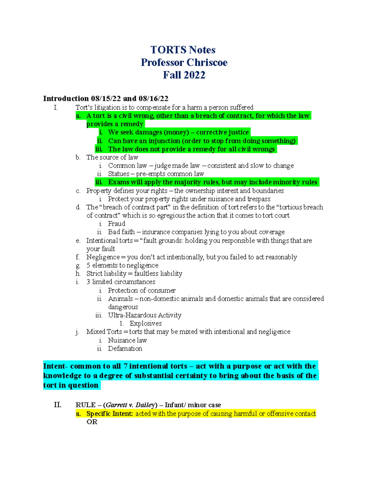Torts Notes Fall 2022 - TORTS Notes Professor Chriscoe Fall 2022 ...