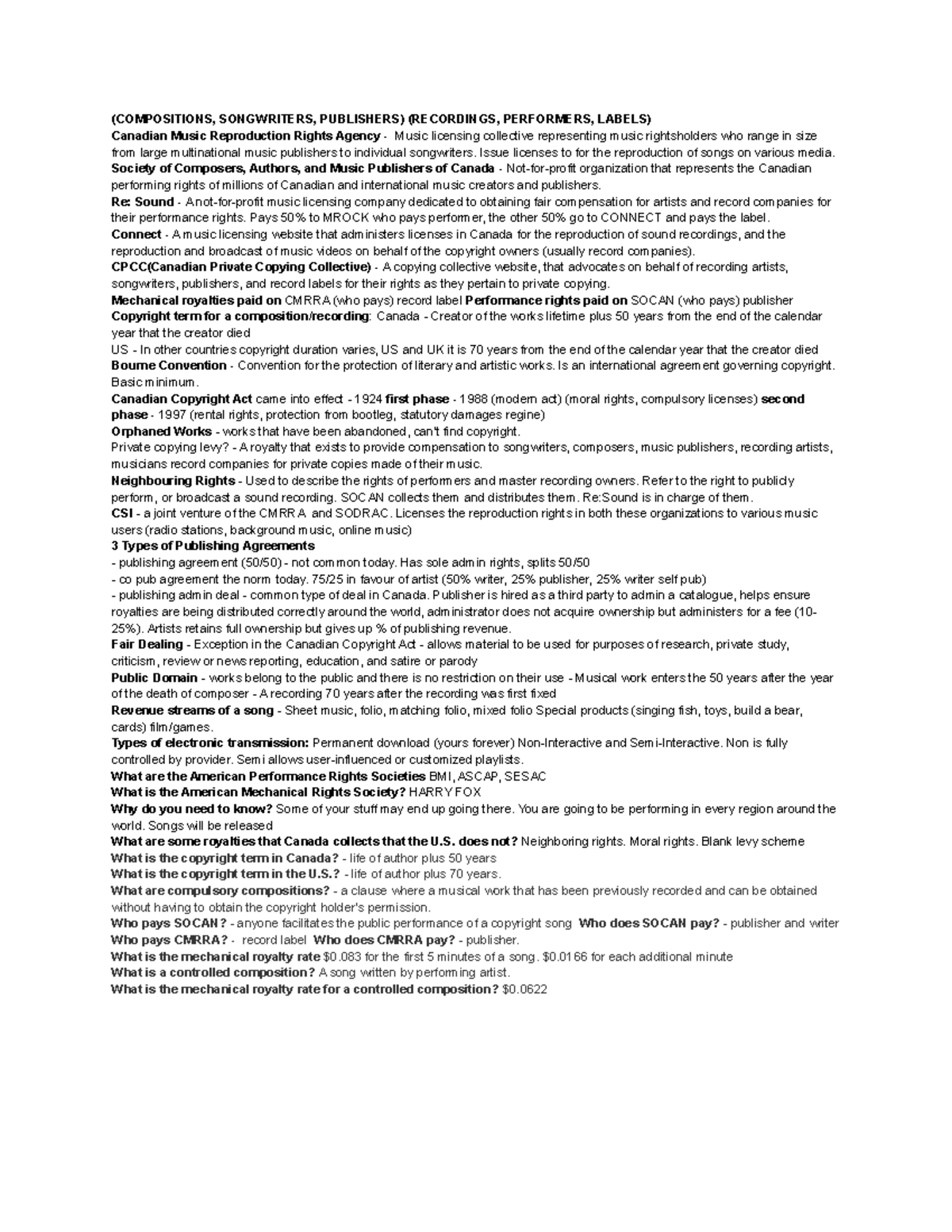 Midterm Cheat Sheet - Summary Copyright, Royalties, and Licensing ...