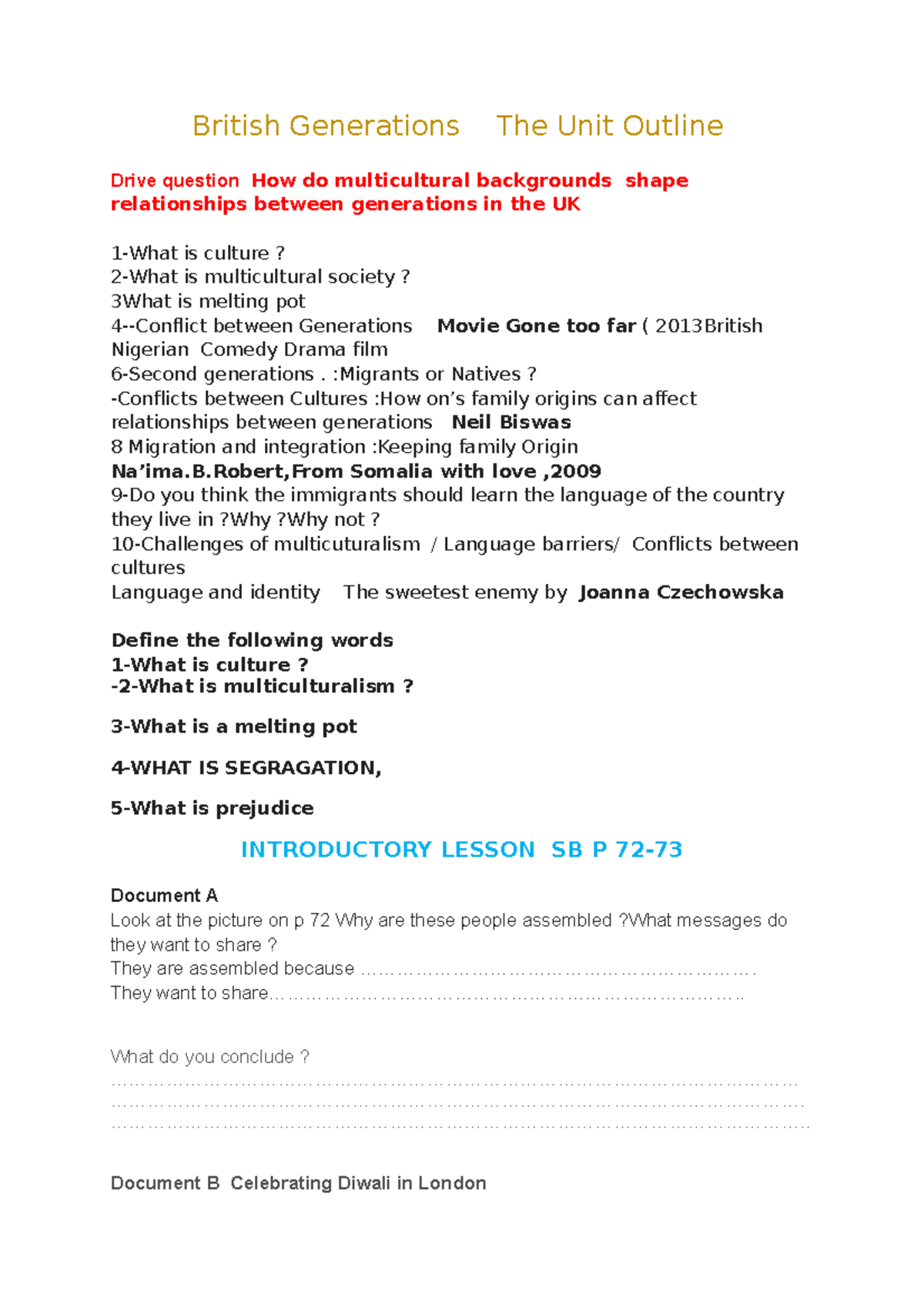 Introductory Lesson AND UNIT Outline - British Generations The Unit ...