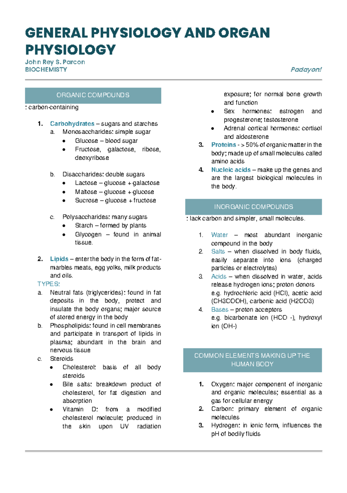 General Physio - jixjciaohcaiuv - PHYSIOLOGY John Rey S. Parcon BIOCHEMISTY Padayon! : - Studocu