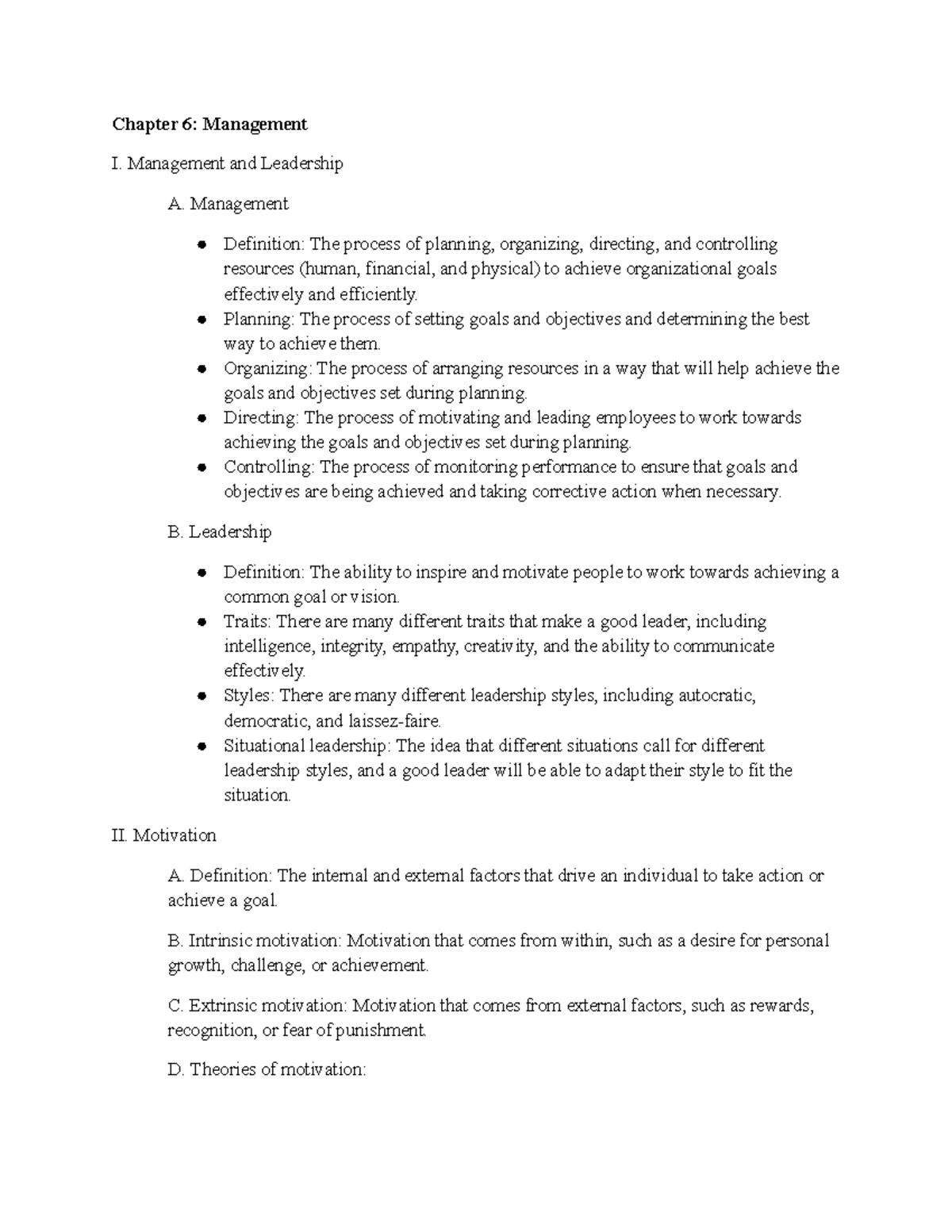 BUS 101 Chapter 6 - BUS 101 Notes for Ch 6 - Chapter 6: Management I ...